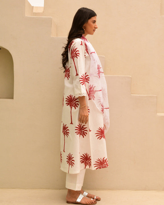 Red palm handblockprinted A-line kurta set of 3 7319588077670 – RESHA INDIA