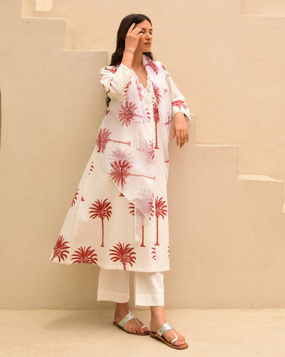 Red palm handblockprinted A-line kurta set of 3 7319588077670 – RESHA INDIA