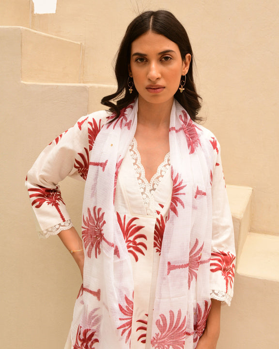 Red palm handblockprinted A-line kurta set of 3 7319588077670 – RESHA INDIA